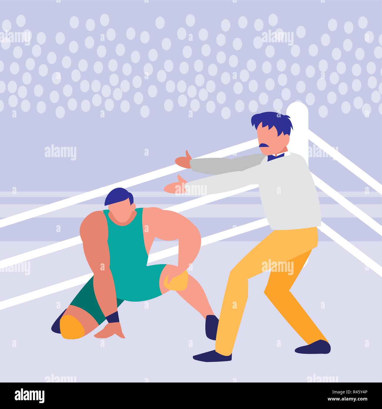 wrestler and referee in the ring over purple background, colorful ...