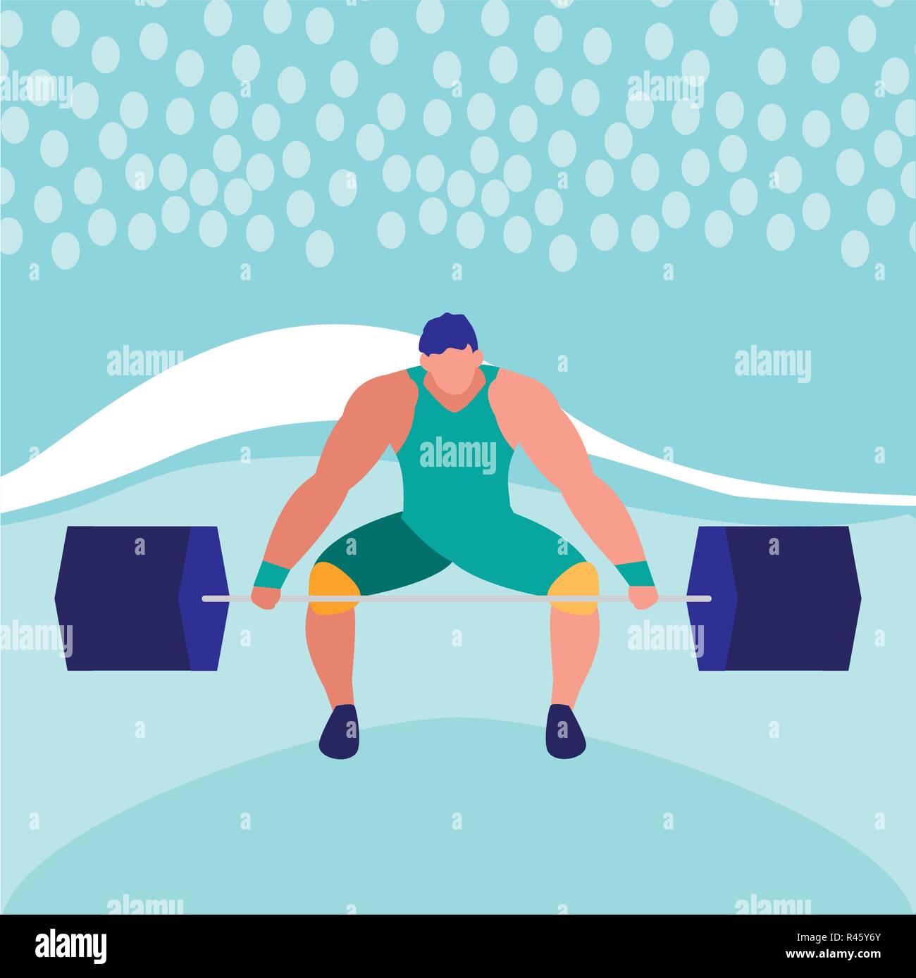 cartoon weightlifter with weights over blue background, vector ...
