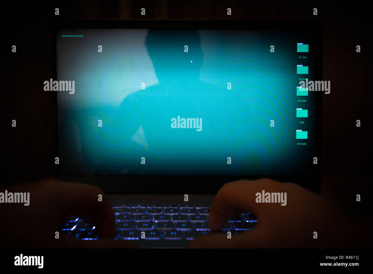 Hacker using laptop lots digits hi-res stock photography and images - Alamy