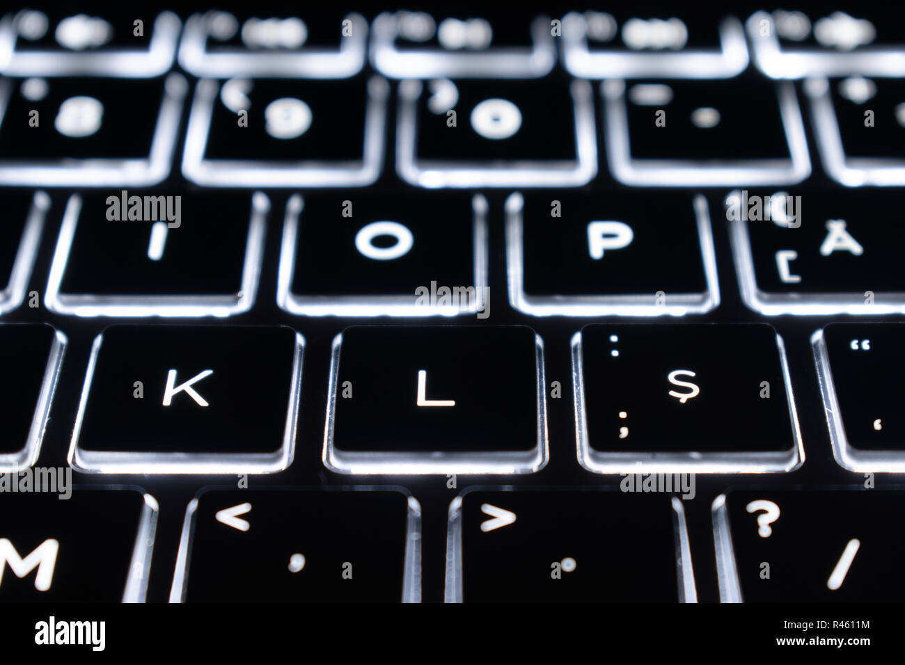Closeup Of Laptop Keyboard Illumination, Backlit Keyboard Stock Photo
