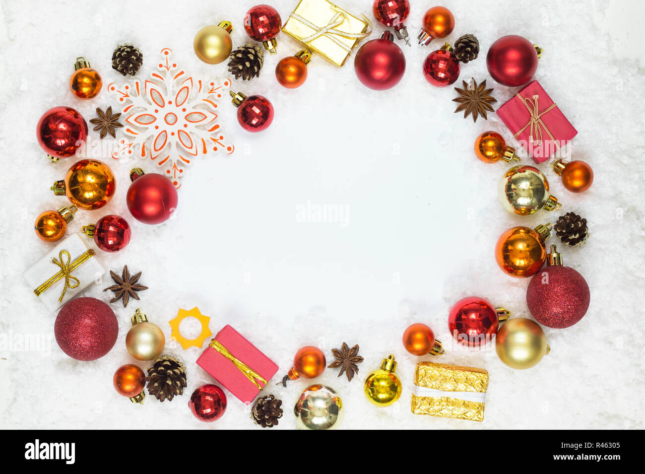 New Year background of Christmas decorations in the snow with copy ...