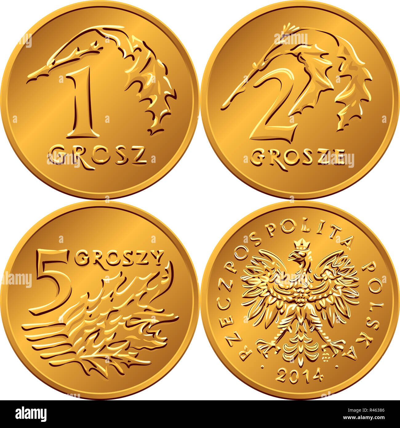 set Polish Money one, two and five groszy coin Stock Photo - Alamy
