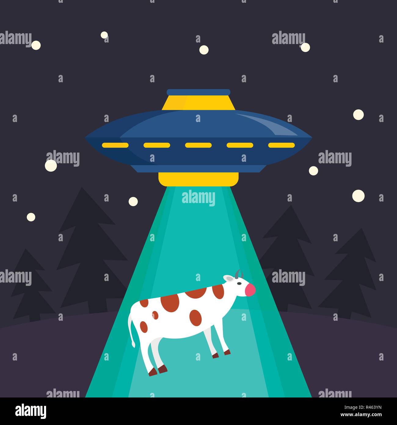 Ufo ship takes cow concept background. Flat illustration of ufo ship ...