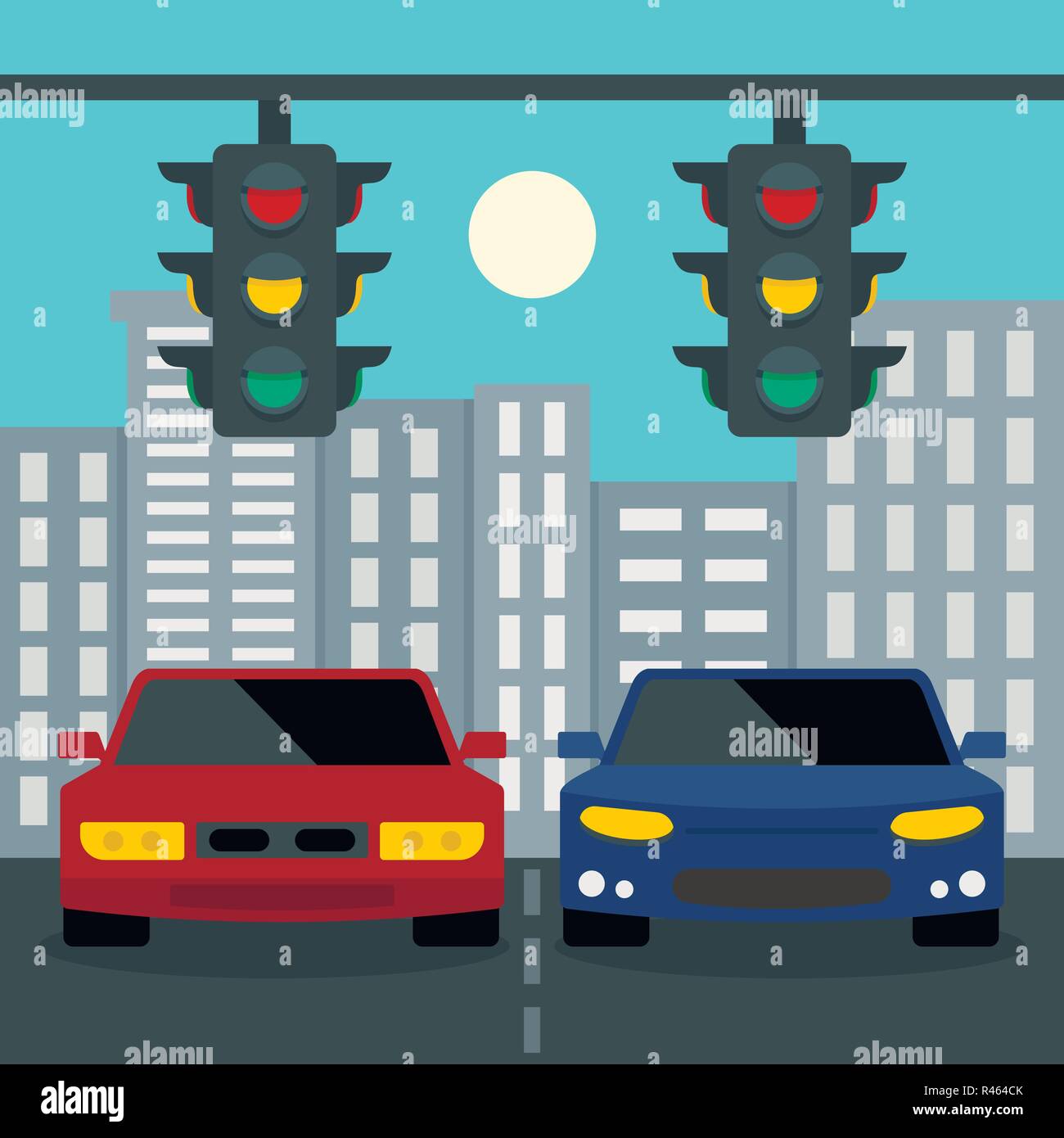Cars stop at traffic lights concept background. Flat illustration of ...