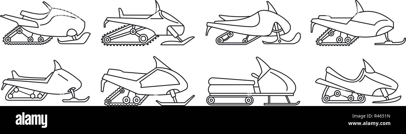 Mountain snowmobile icon set. Outline set of mountain snowmobile vector ...