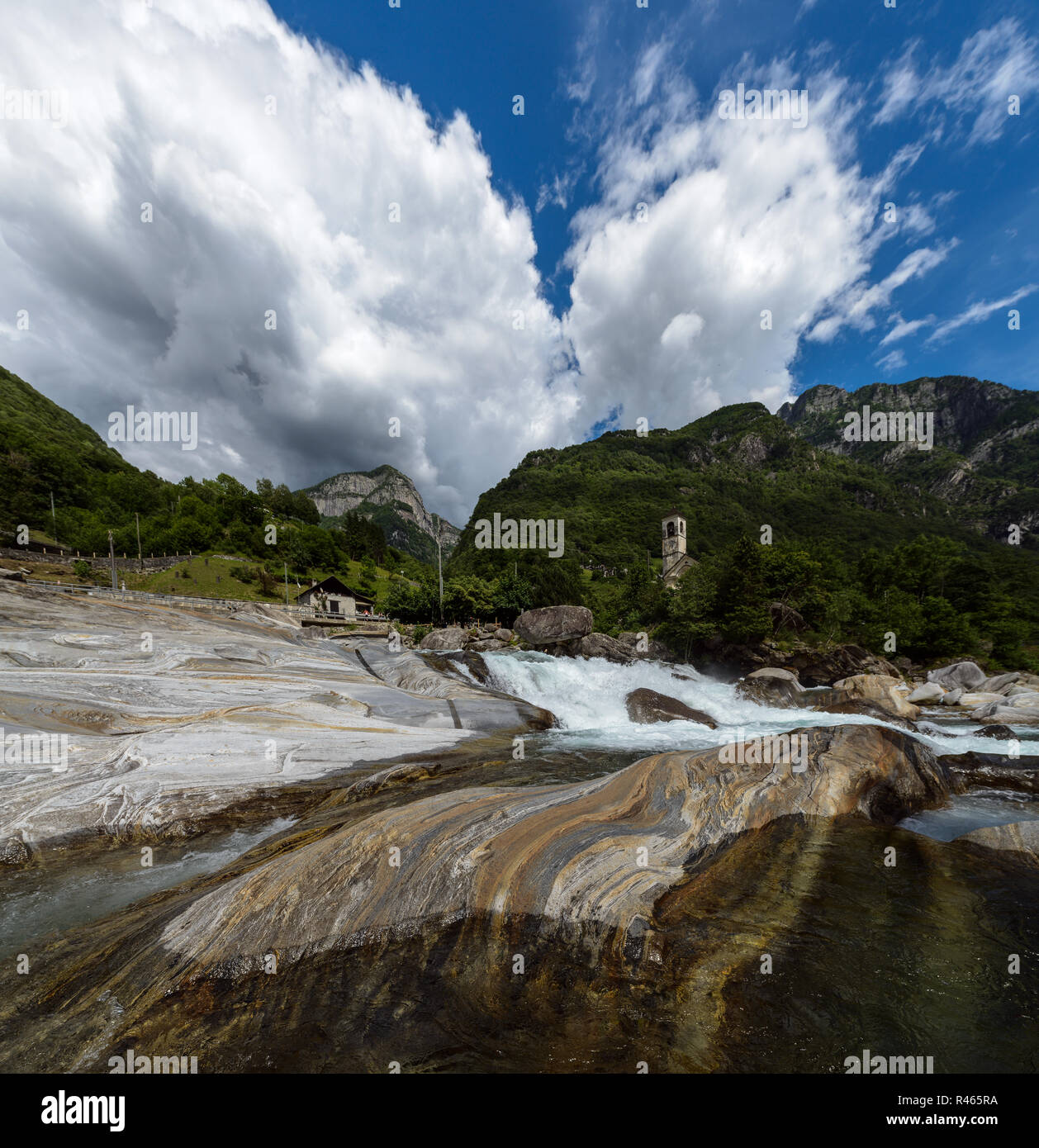 Canyon of Verzasca river and Chiesa di Santa Maria degli Angeli in ...