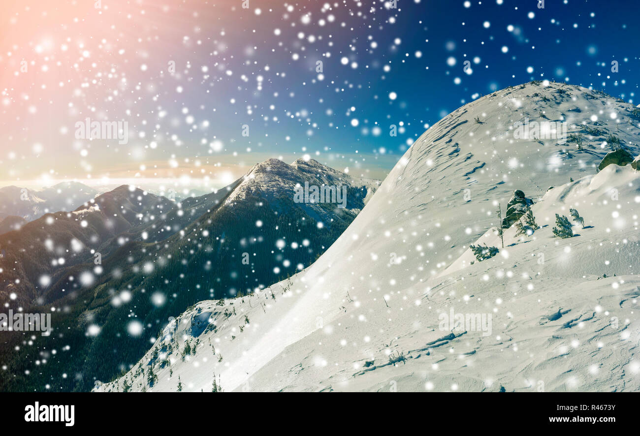 Beautiful winter landscape. Steep mountain hill slope with white deep ...