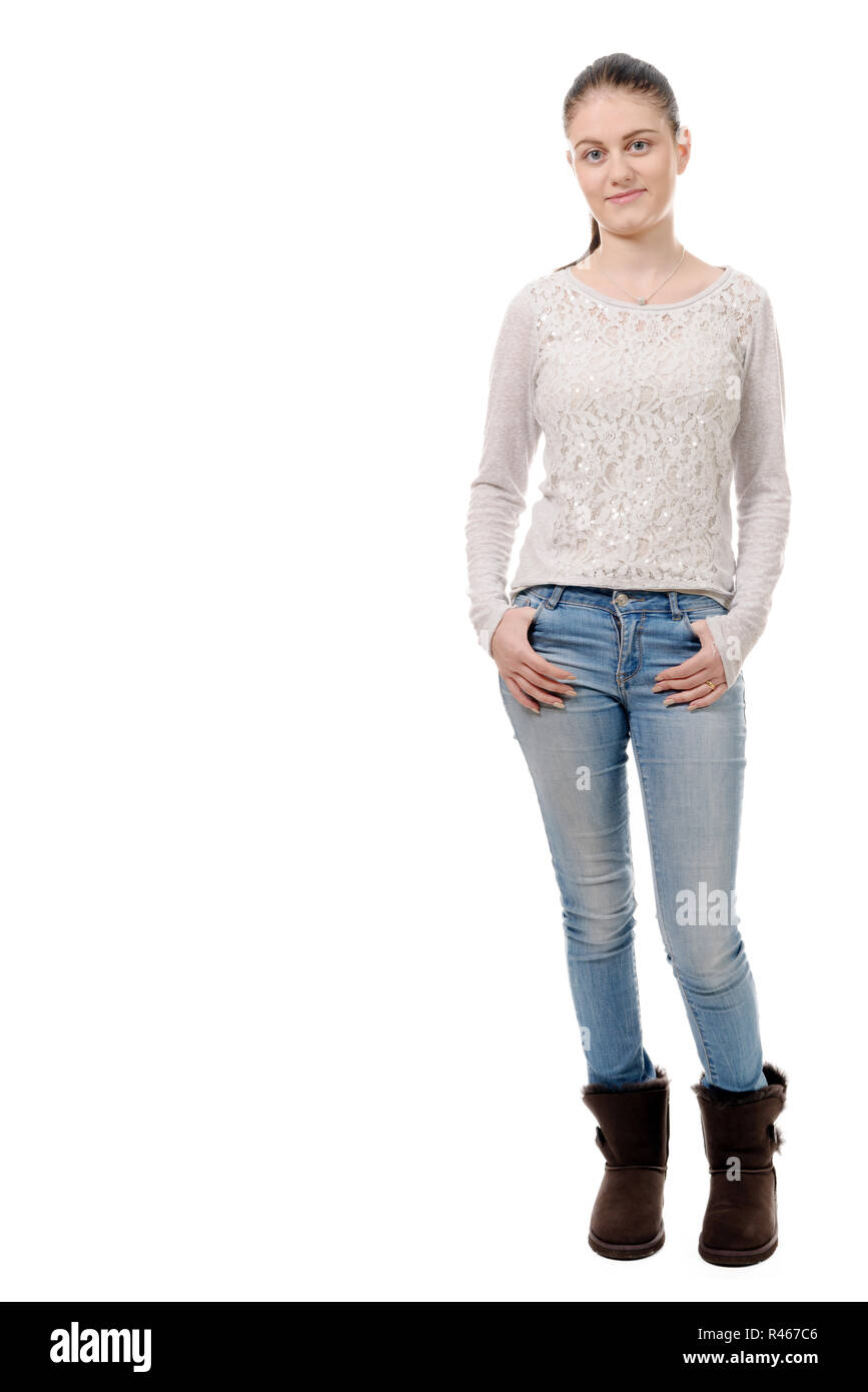 Pretty young woman standing on white background Stock Photo - Alamy