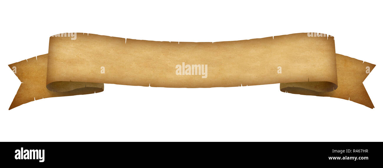 Aged yellowed paper scroll, ribbon or banner. Isolated on white ...