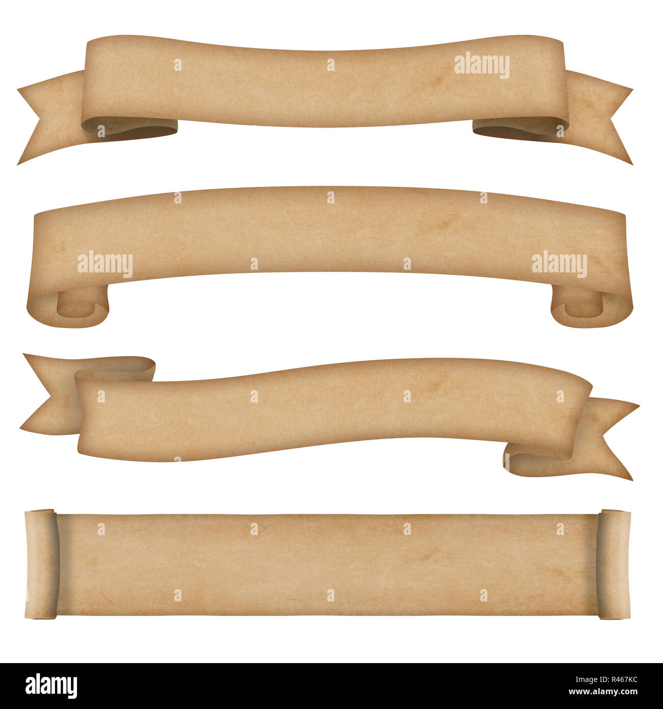 Long aged grunge and yellowed paper scrolls. Isolated on white ...