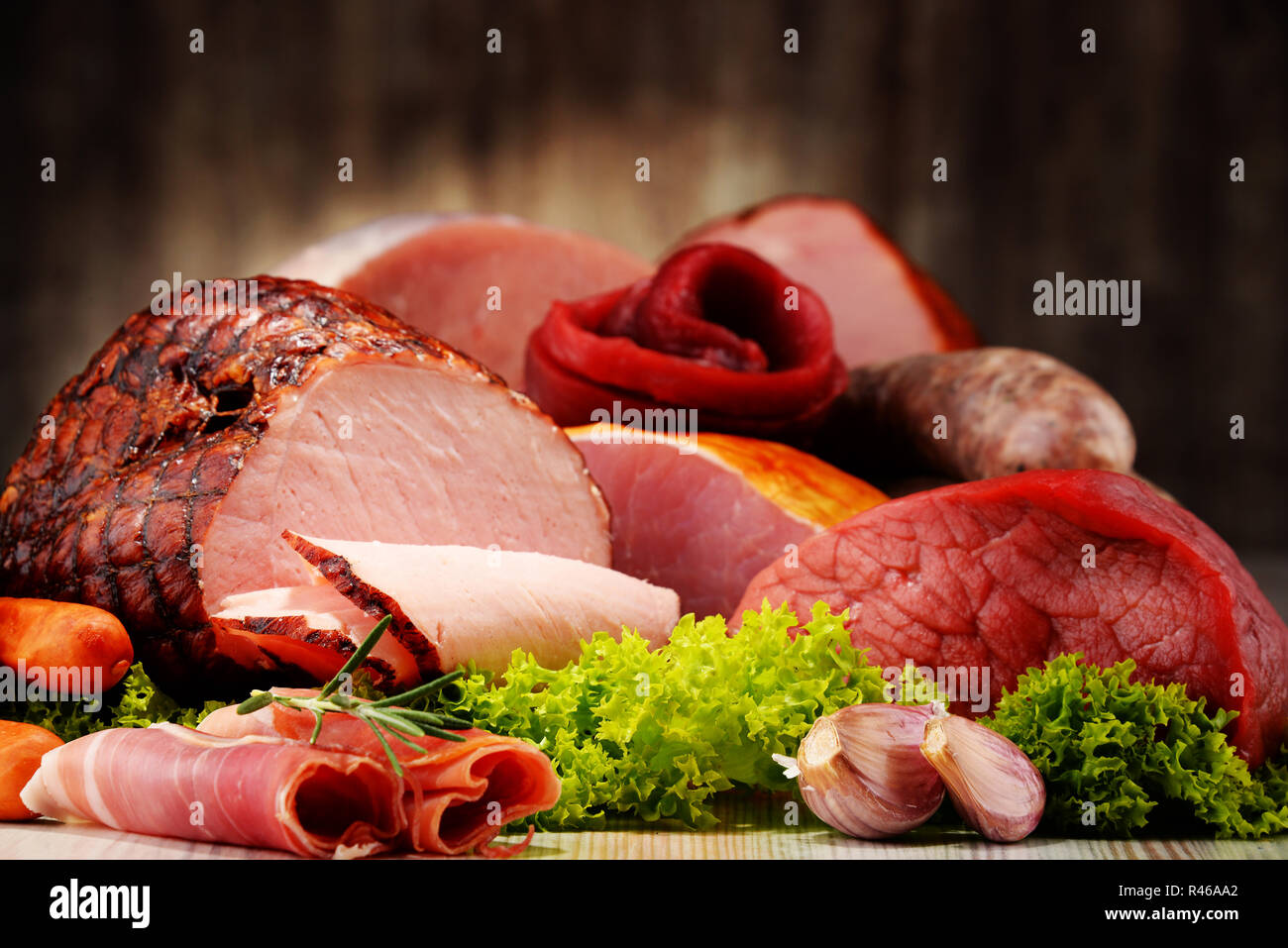 Meat products including ham and sausages Stock Photo - Alamy