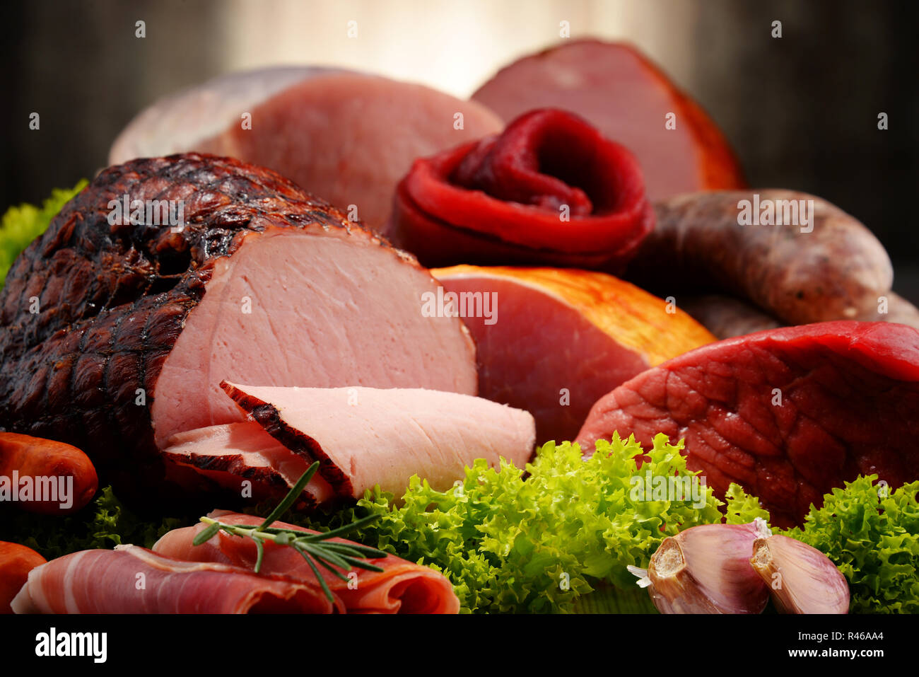 Meat products including ham and sausages Stock Photo - Alamy