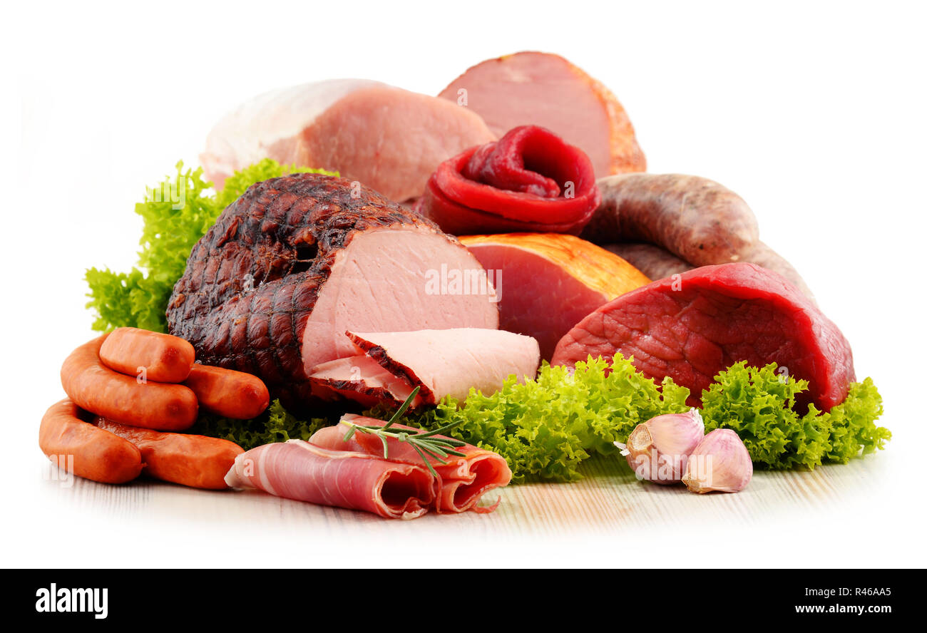 Meat products including ham and sausages isolated on white Stock Photo ...