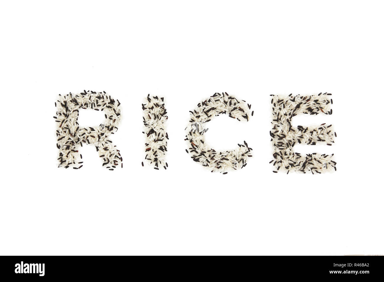 RICE letters from mix of black rice and white rice on white background ...