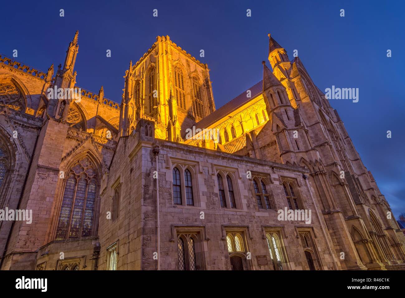 An image of the famous medieval York Minster at dawn. The central tower ...