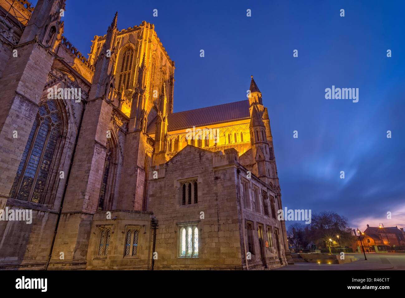 An image of the famous medieval York Minster at dawn. The central tower ...