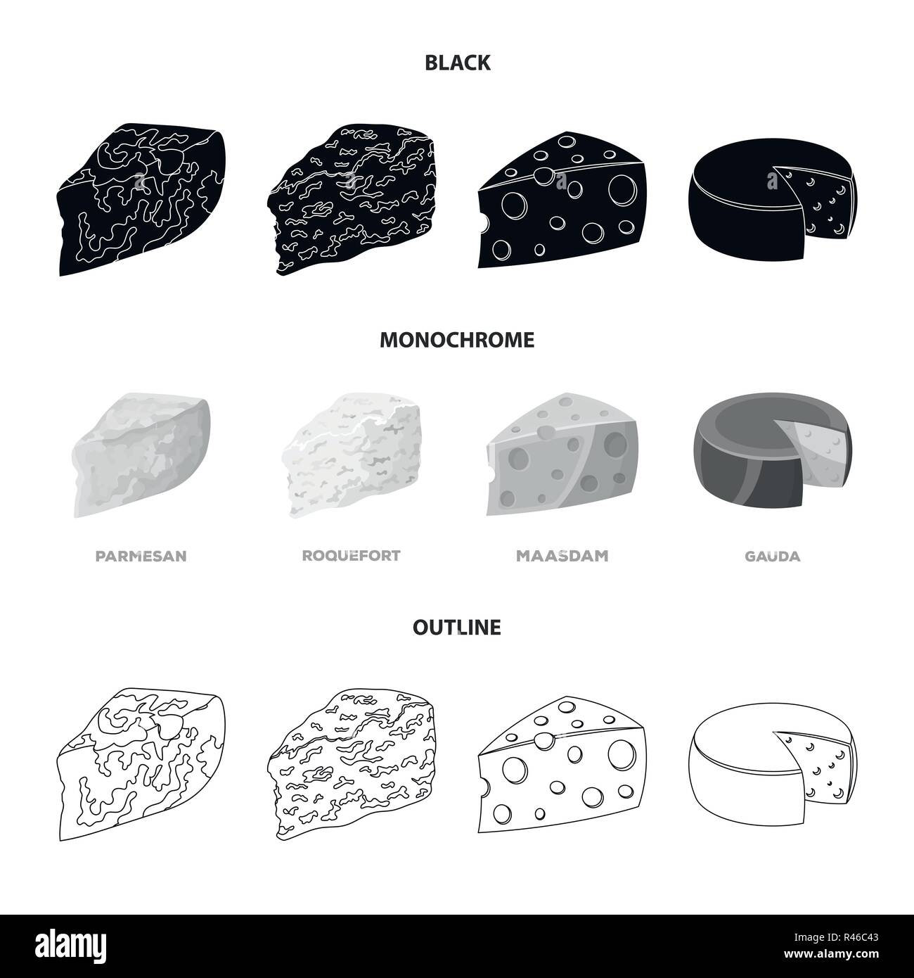 Parmesan, roquefort, maasdam, gauda.Different types of cheese set ...