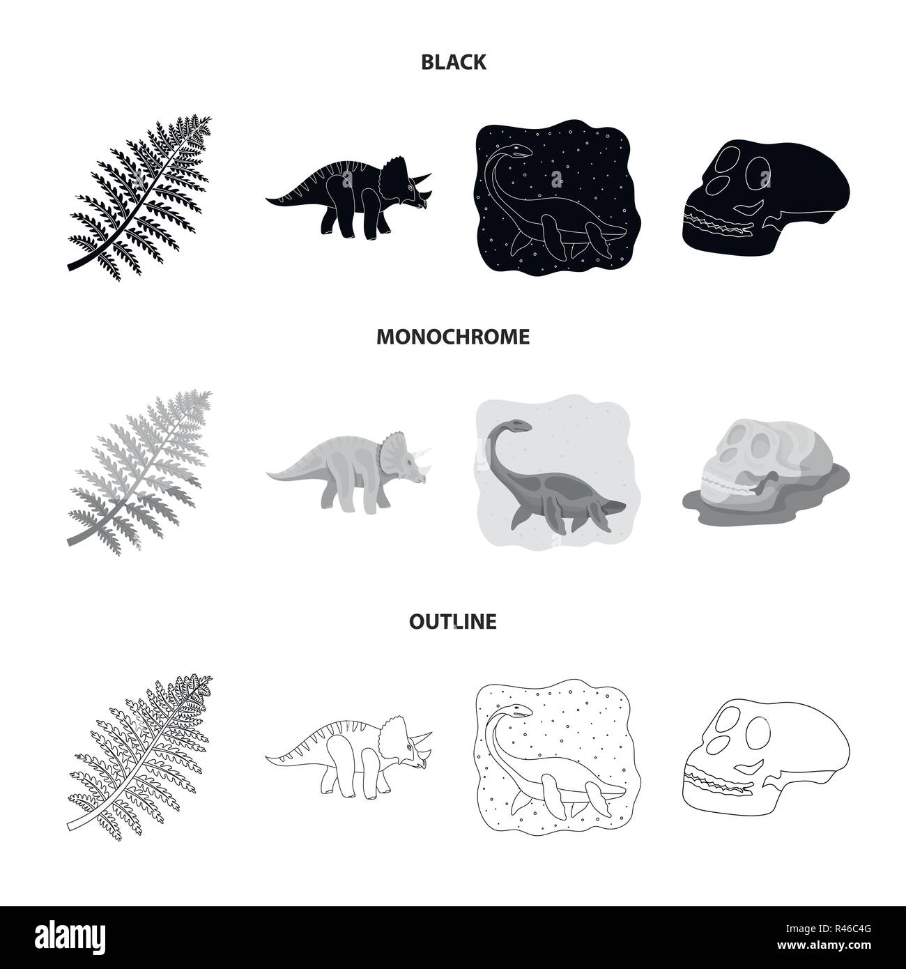 Sea dinosaur,triceratops, prehistoric plant, human skull. Dinosaur and ...