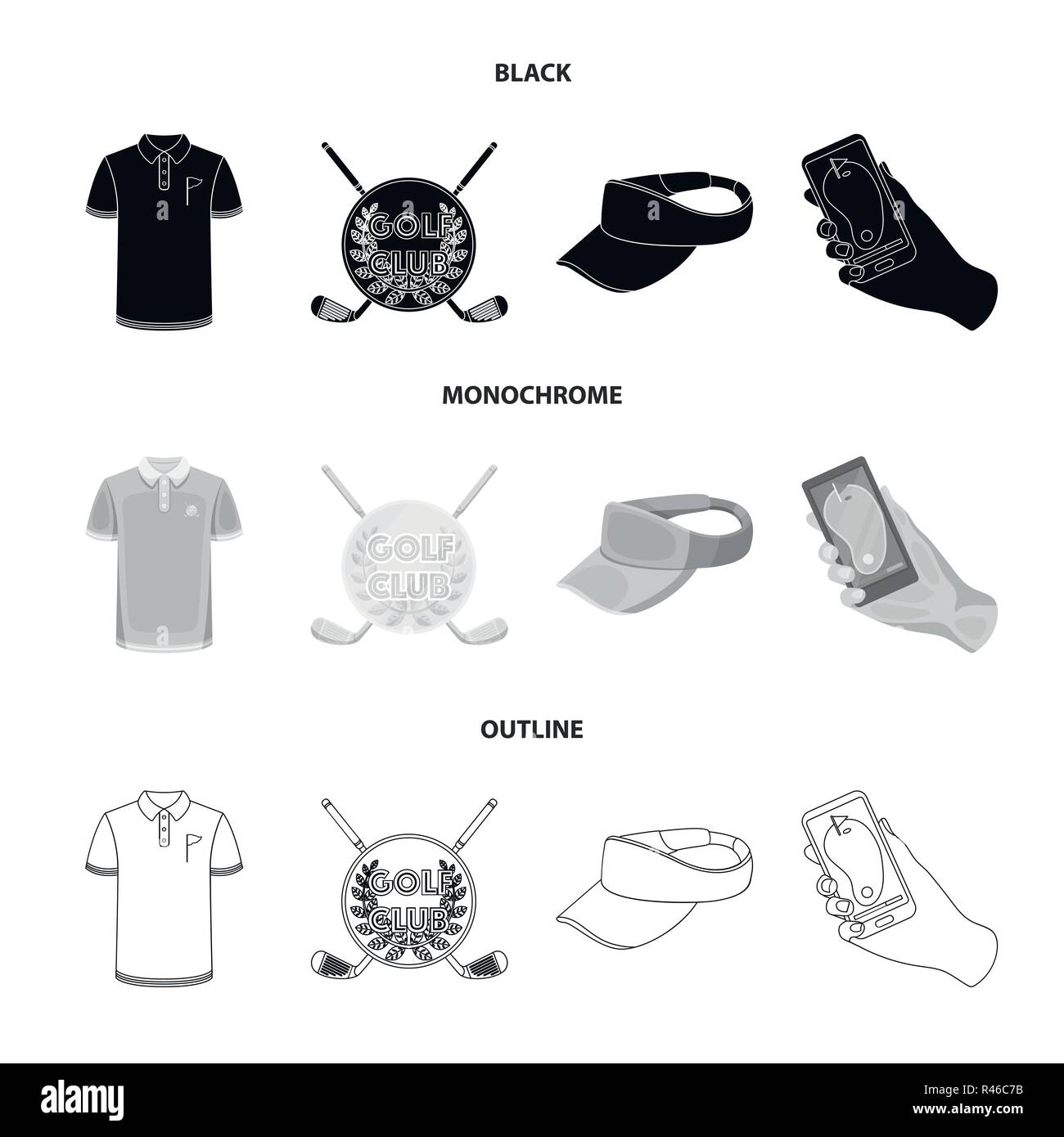 Emblem of the golf club, cap with a visor, golfer shirt, phone with a ...