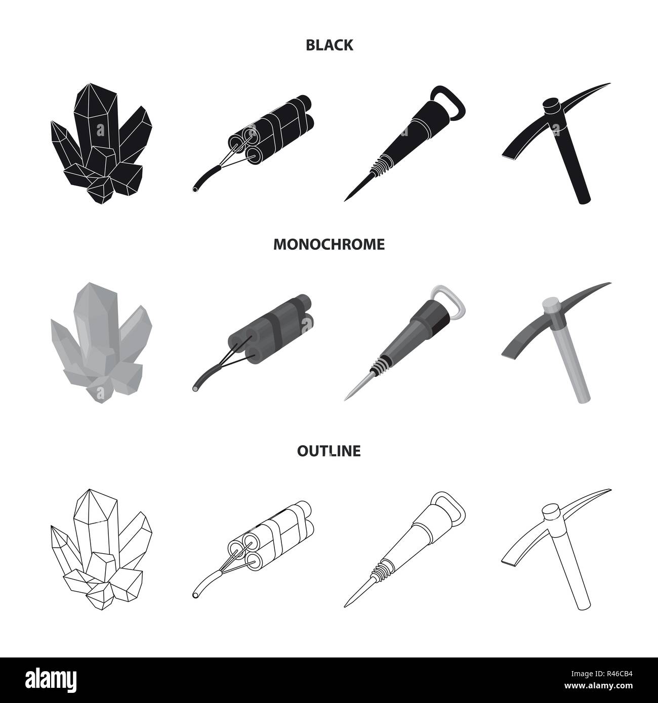 Minerals, explosives, jackhammer, pickaxe.Mining industry set ...