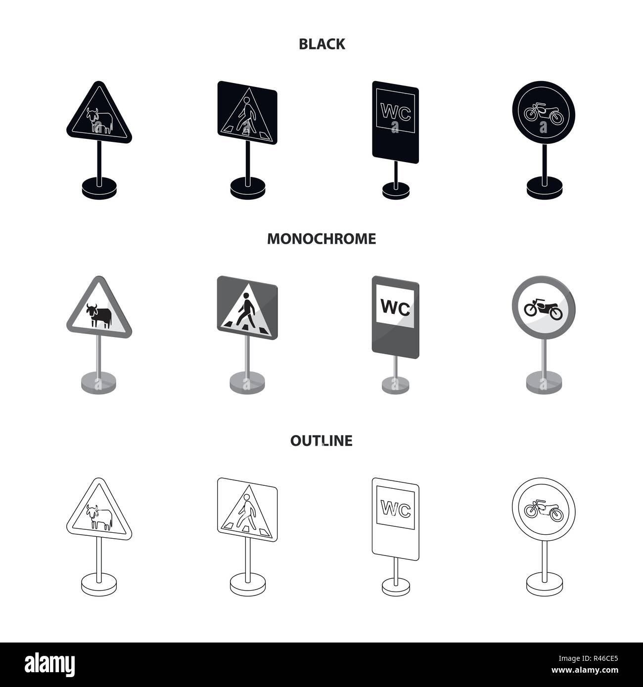 Different types of road signs black,monochrome,outline icons in set ...
