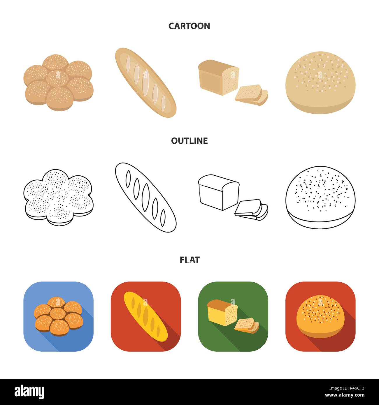 Cut loaf, bread roll with powder, half of bread, baking.Bread set ...