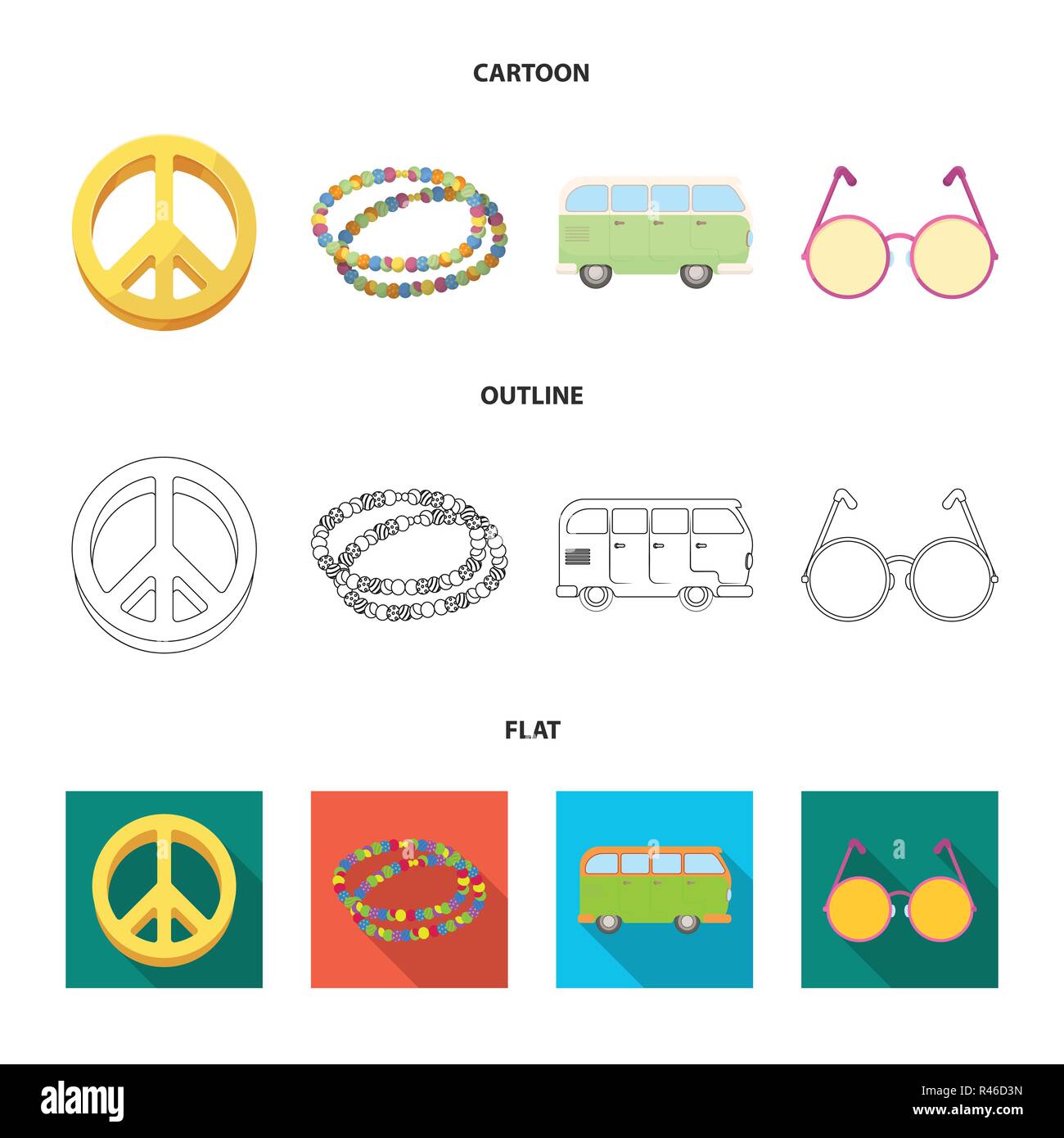A hippie sign, beads, a bus, round glasses.Hippy set collection icons ...
