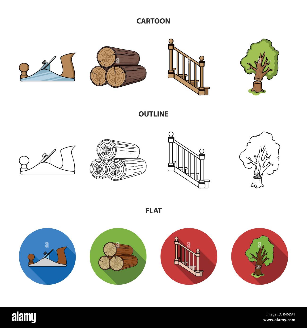 Logs in a stack, plane, tree, ladder with handrails. Sawmill and timber ...