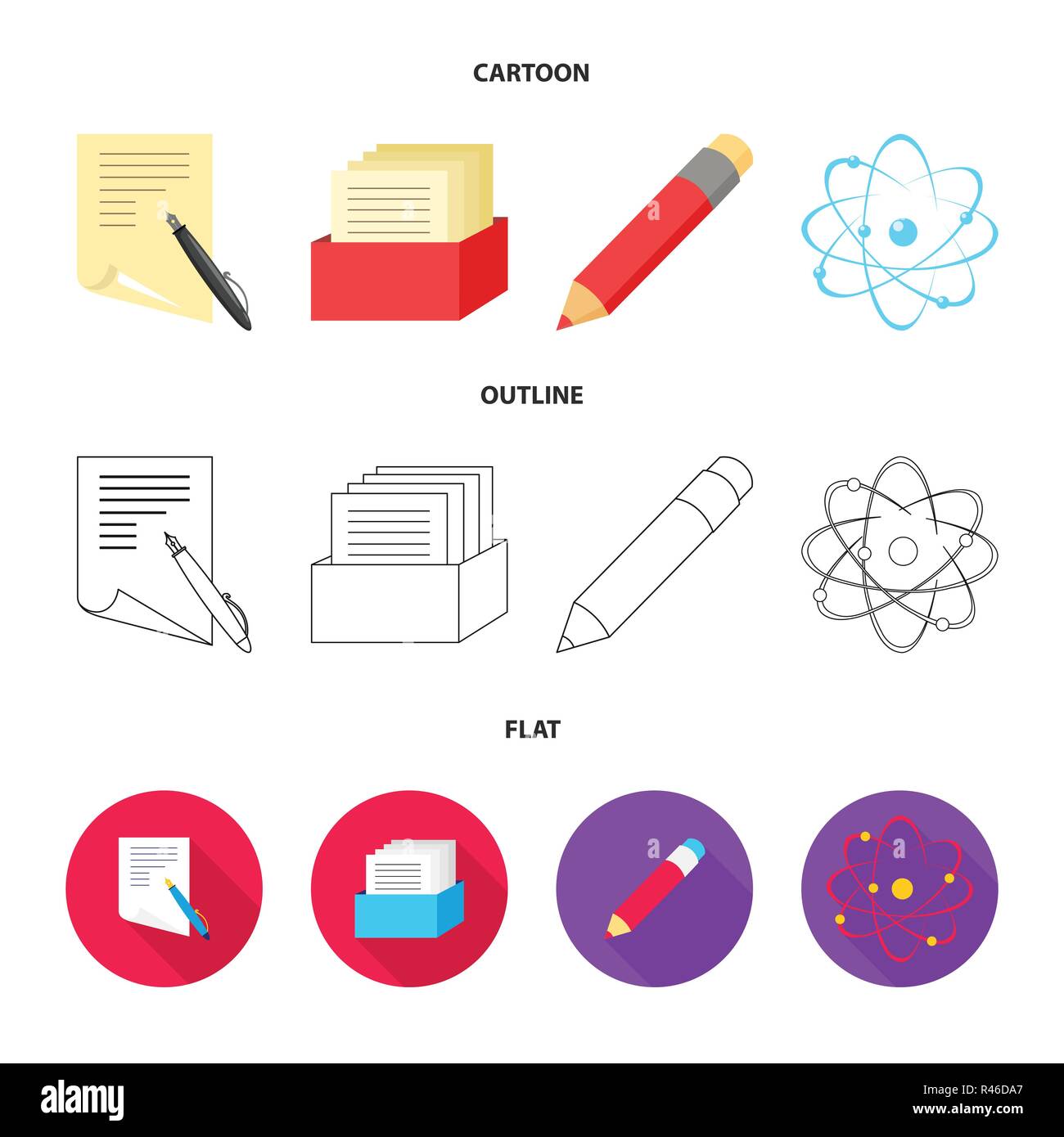 A pen with paper, a catalog in a box, a red pencil, an atom with a core ...