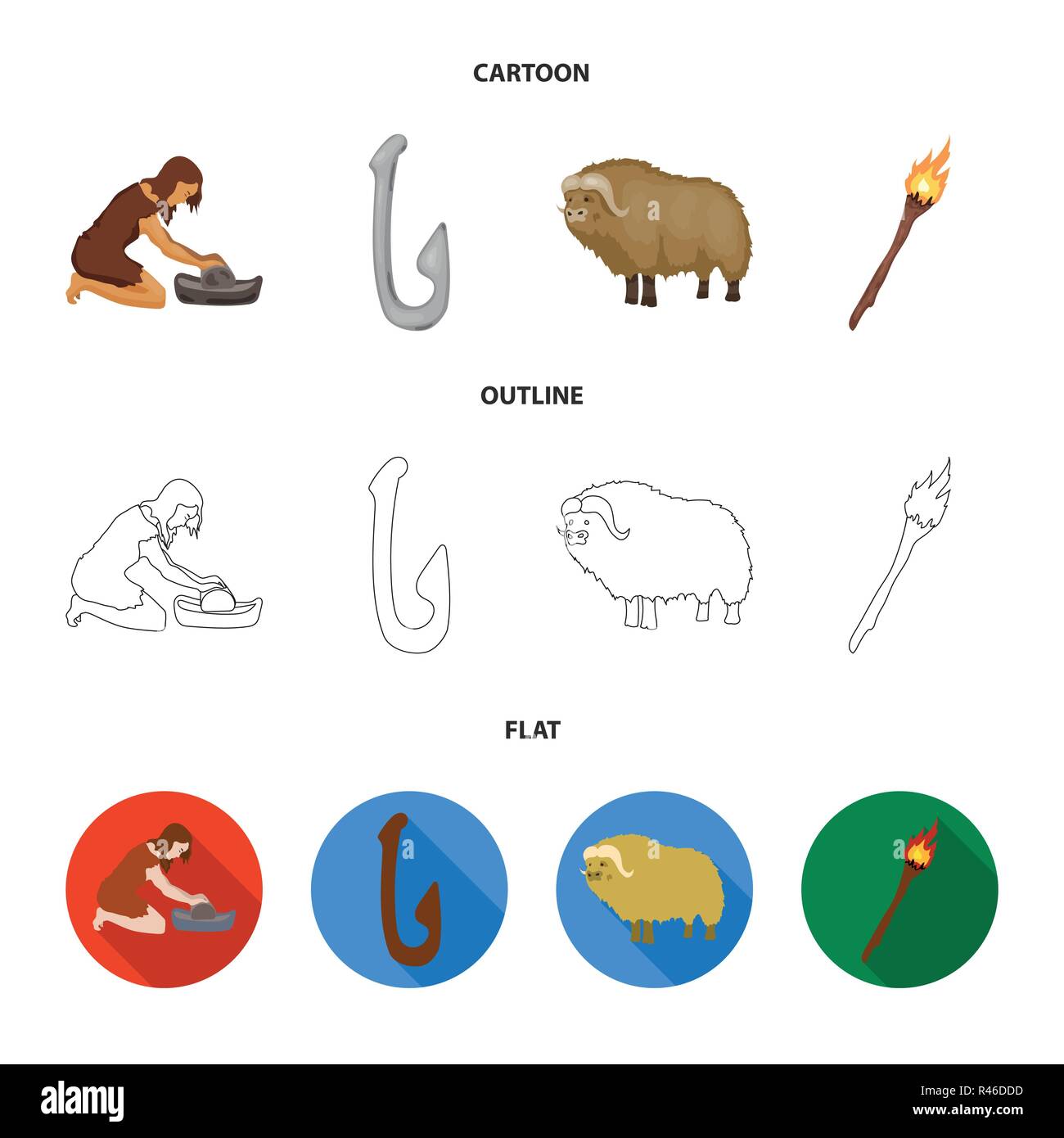 Cattle, catch, hook, fishing .Stone age set collection icons in cartoon ...