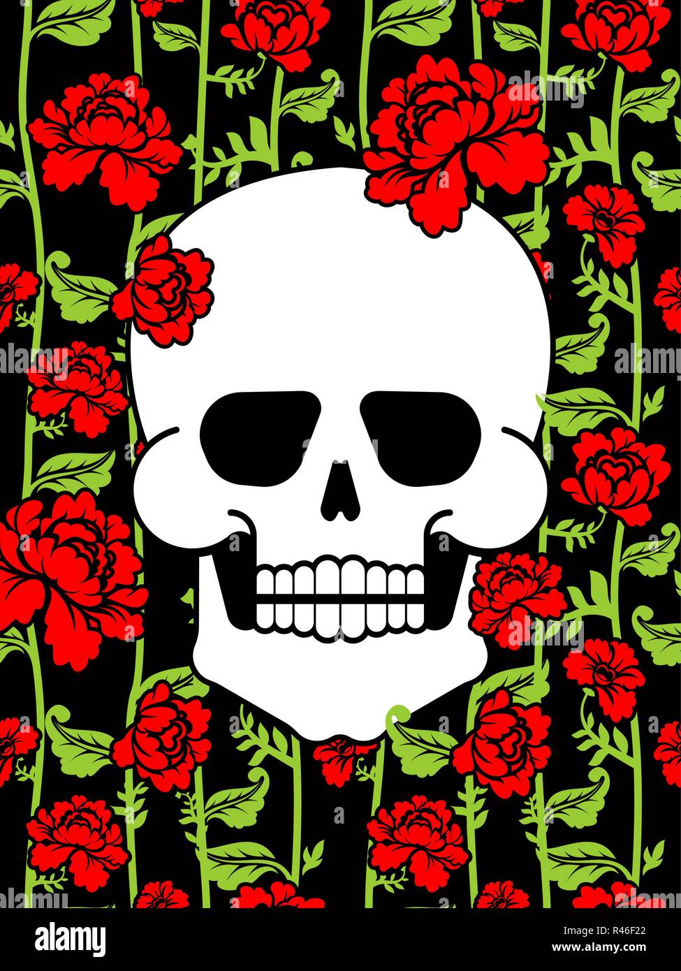 Skull and flowers. Skeleton head and roses. Death and love Stock Vector ...
