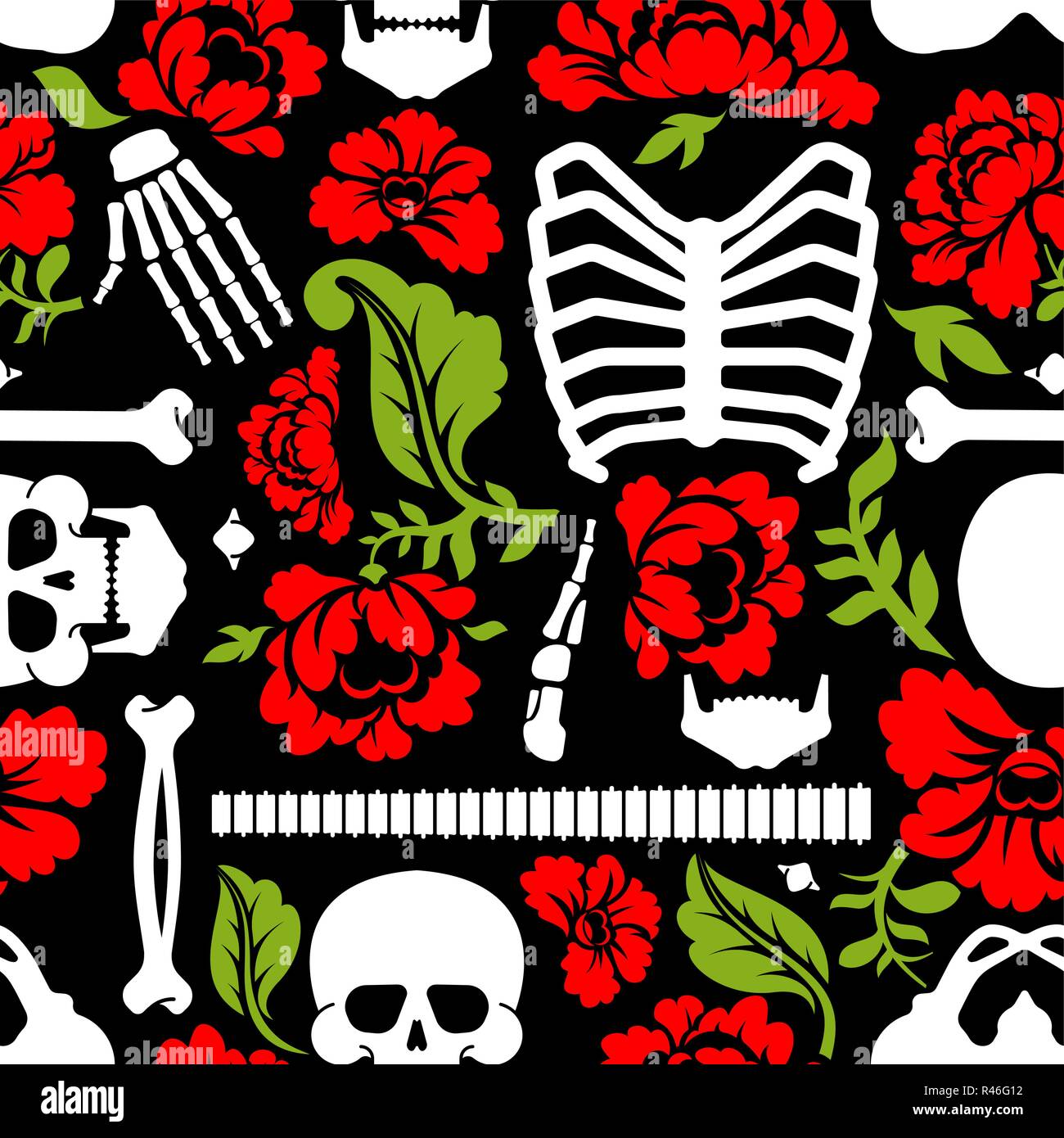 Bones and flowers pattern seamless. Skeleton Skull and roses background ...
