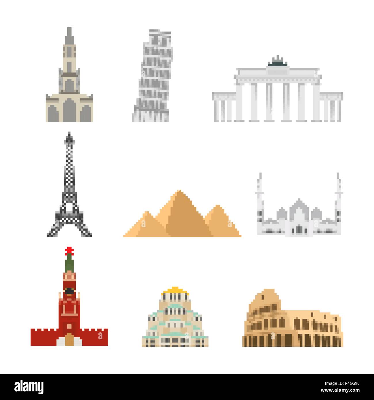 Landmark set pixel art. Collection attraction 8 bit. World showplace ...