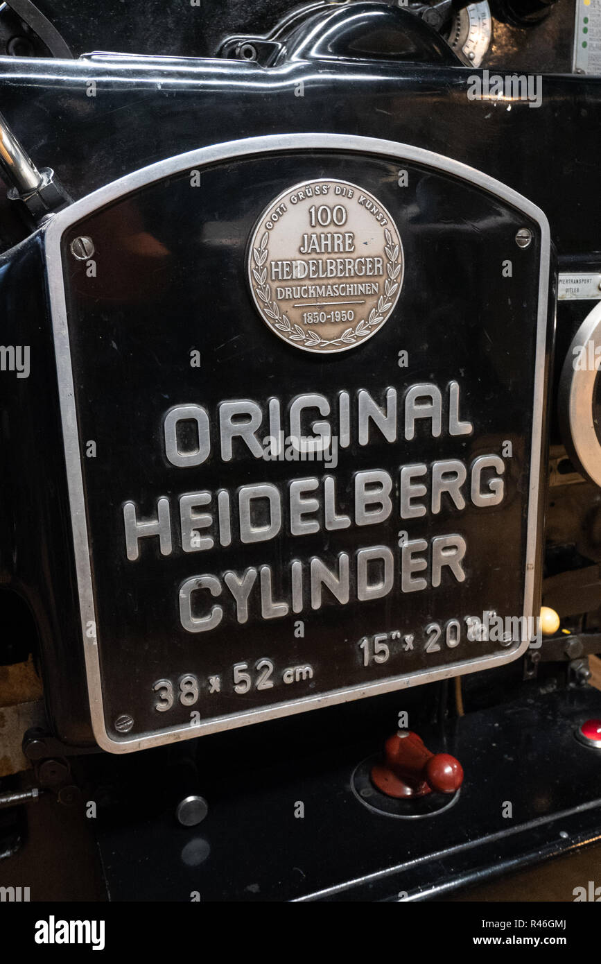 Close up of an original working Heidelberg cylinder printing press at ...
