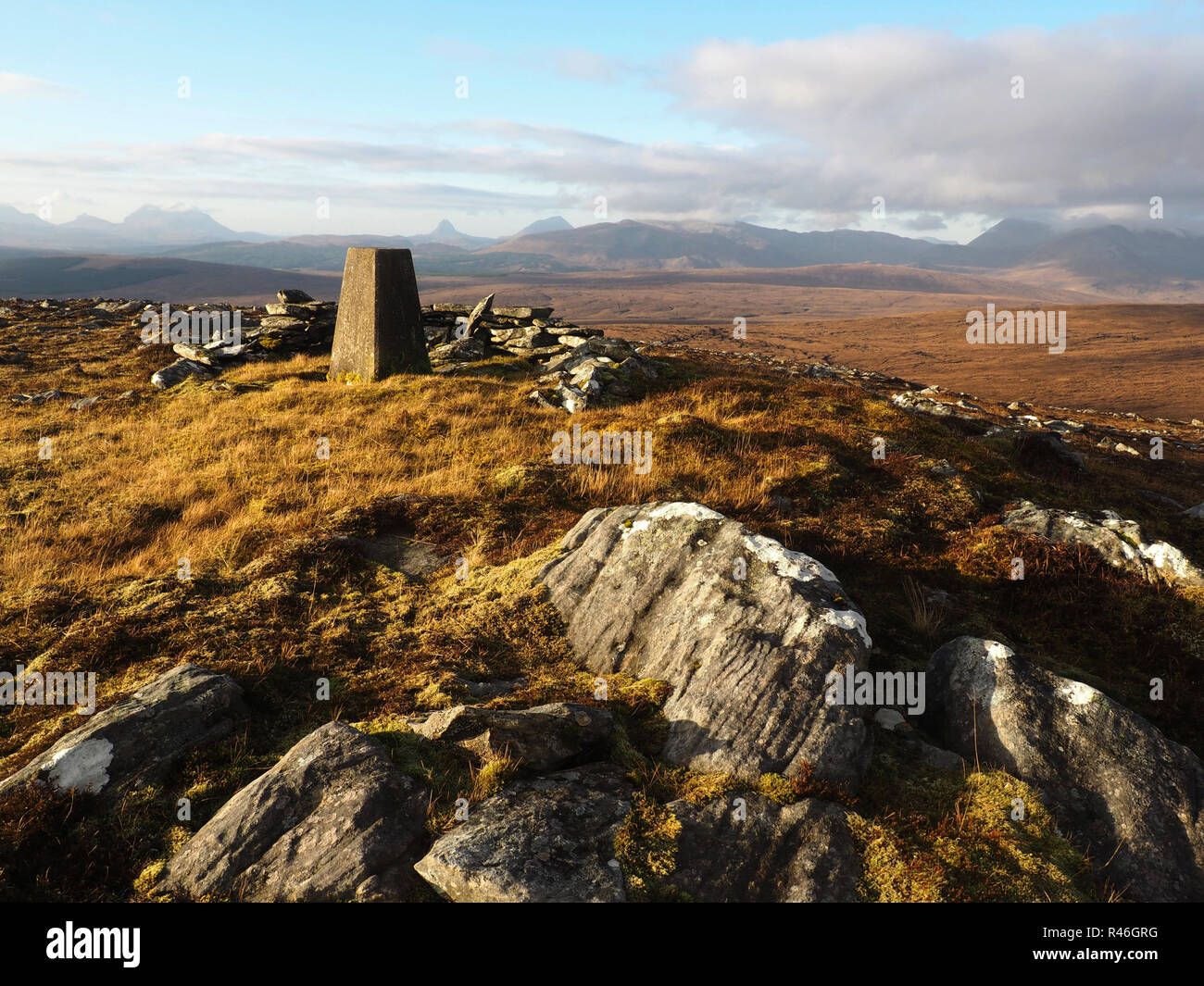 Trig point, summit of Beinn an Eoin, Glen Cassley, Scotland Stock Photo ...