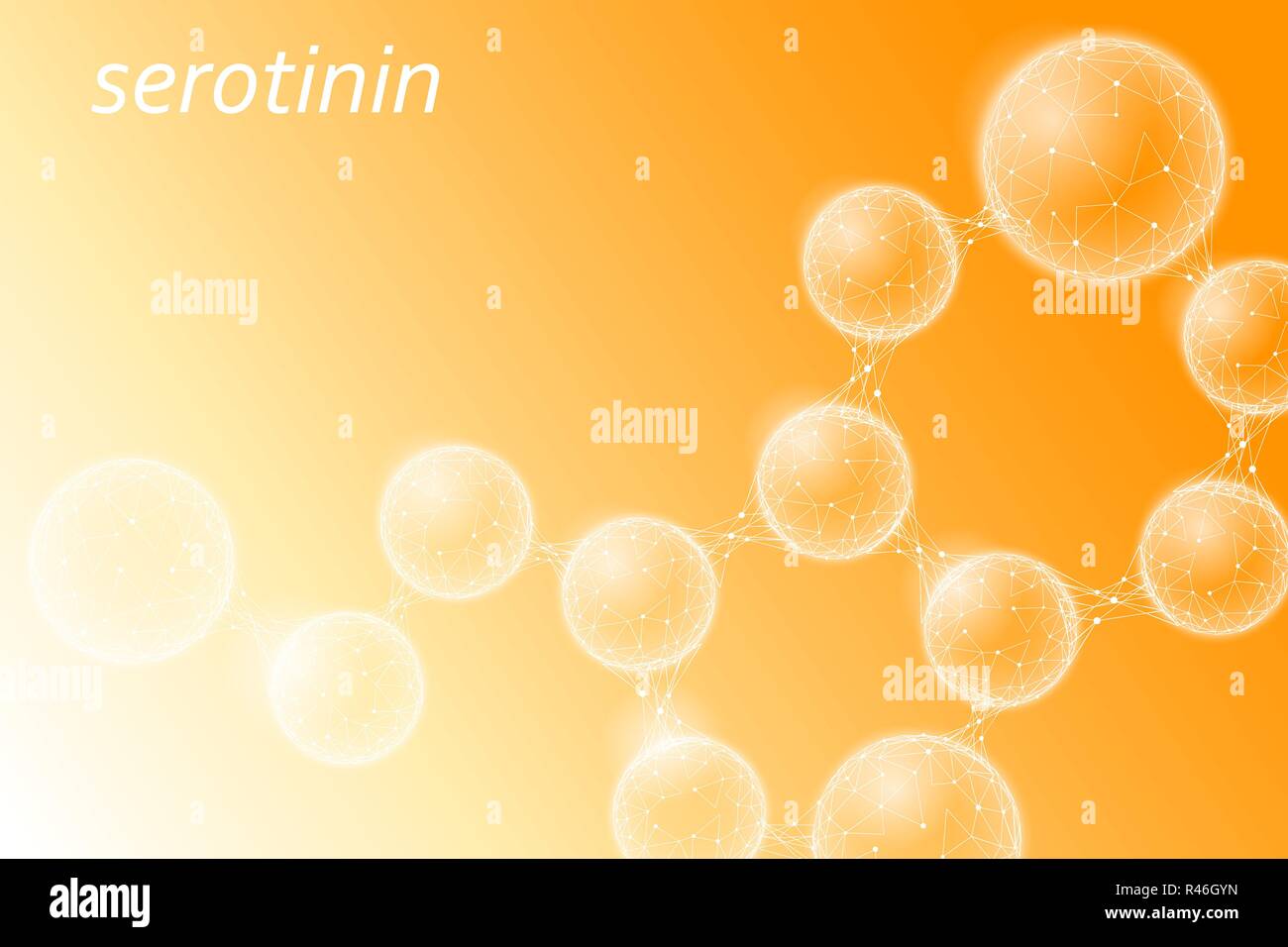 Serotonin happiness hormone 3D molecular structure. Low poly sphere ...