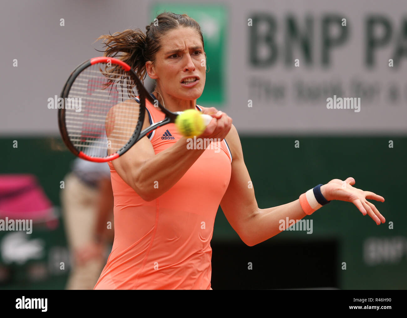 German tennis player Andrea Petkovic playing forehand shot at French Open 2018 tennis tournament ...