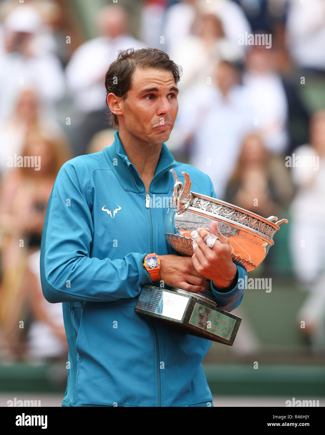 Spanish tennis player Rafael Nadal holding championship trophy after ...