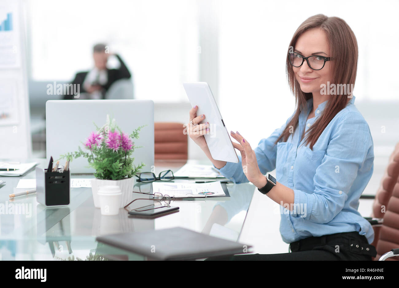 successful business woman on work place in office Stock Photo - Alamy