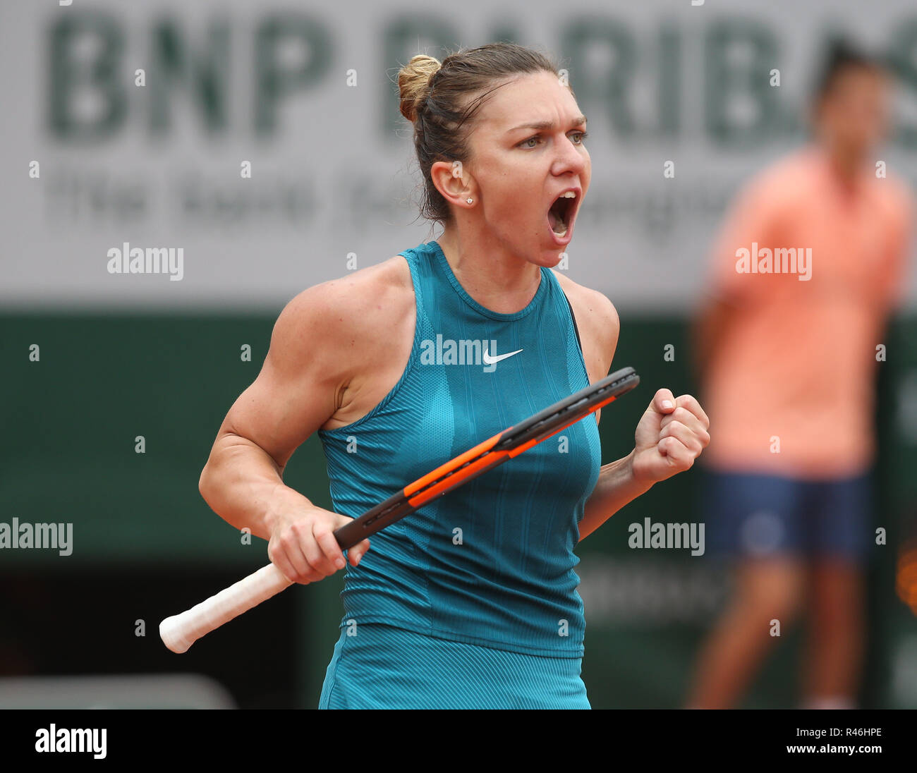 Romanian tennis player Simona Halep celebrating during French Open 2018 ...
