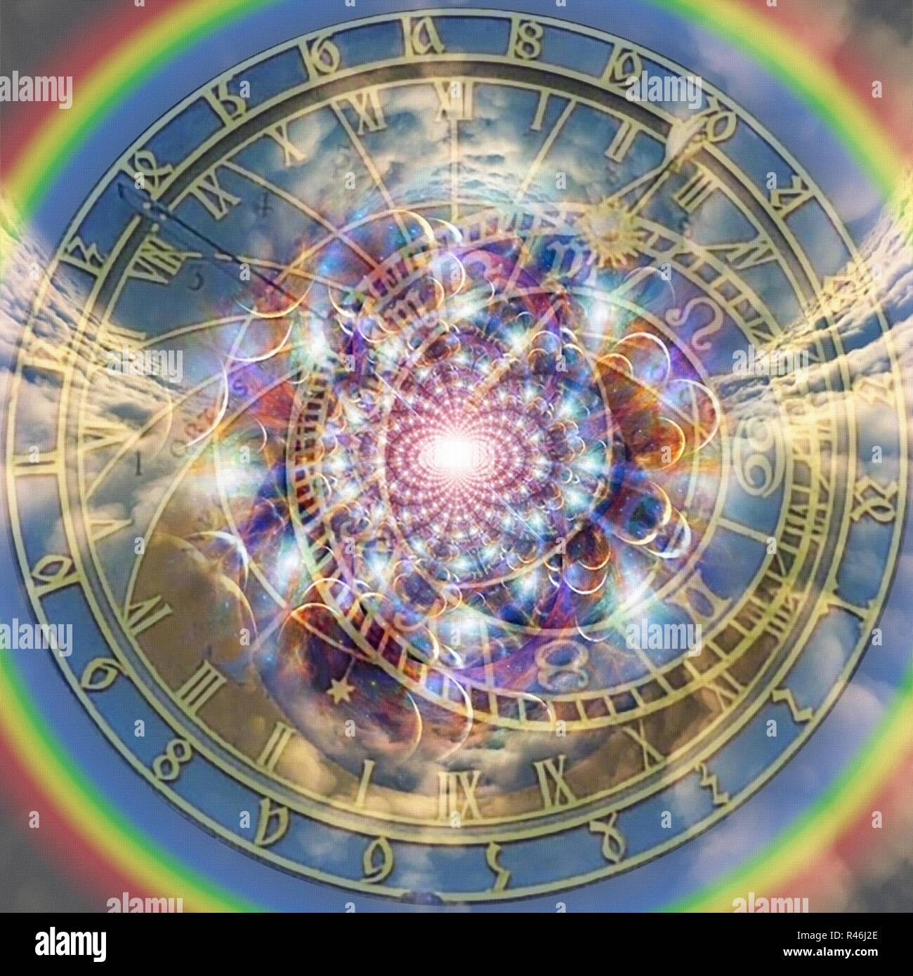 Astronomical clock. Bright light in vortex of clouds Stock Photo - Alamy