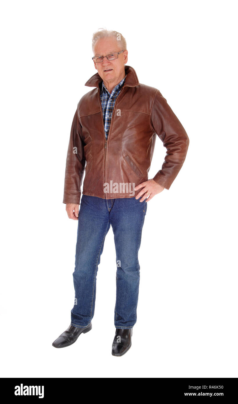 Senior man in leather jacket standing Stock Photo - Alamy