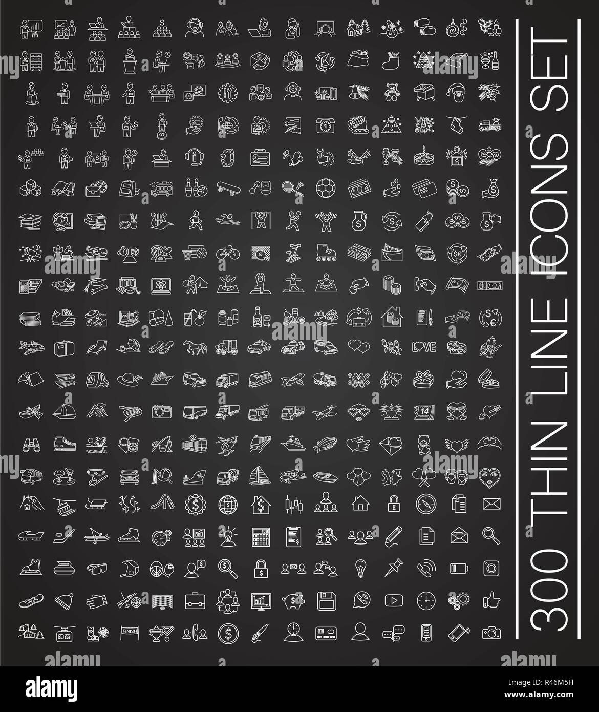 Big 300 thin line icons set on black background for graphic and web ...