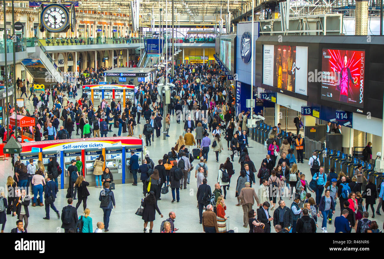 London Waterloo, London, England, May 11 2017. Station concourse busy ...
