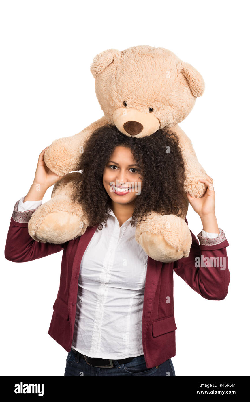 woman is wearing a teddy on her shoulders Stock Photo - Alamy