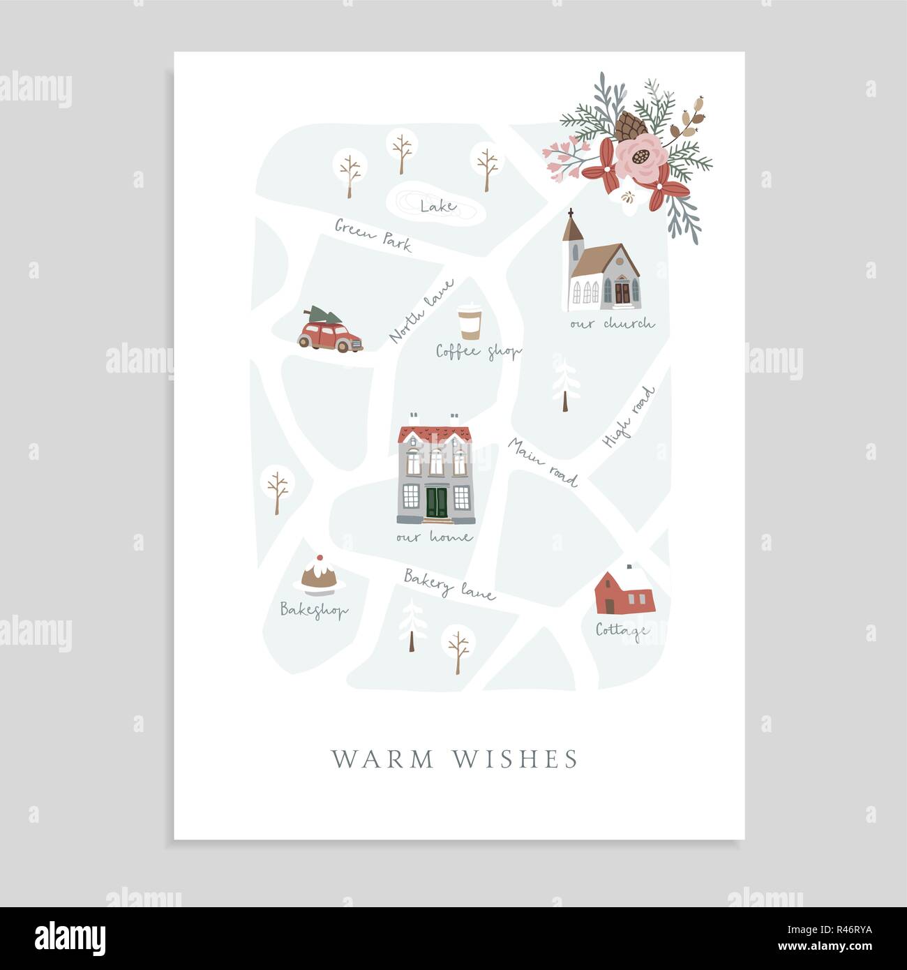 Cute Christmas greeting card, invitation with map of town. Hand drawn ...
