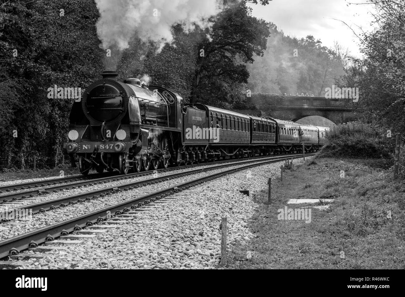Railway and coach pass under the bridge Stock Photo - Alamy