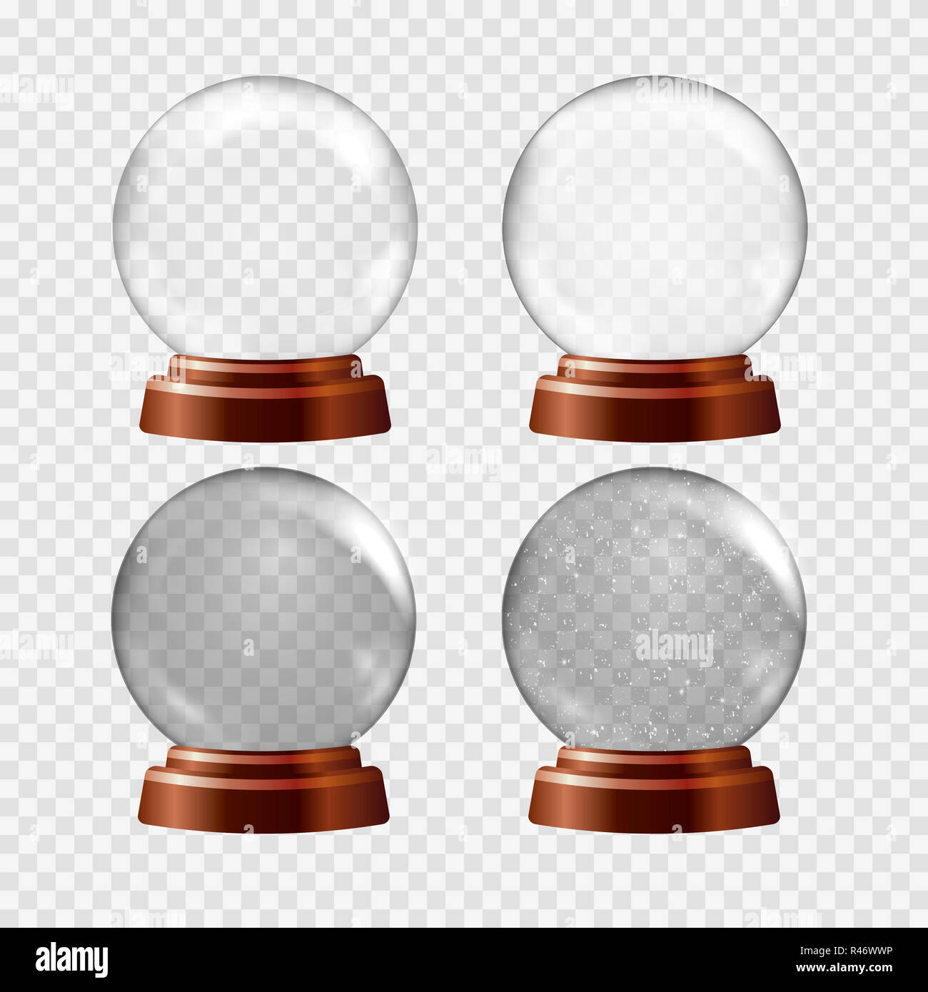 Snow globe set. Big white transparent glass sphere on a stand with ...