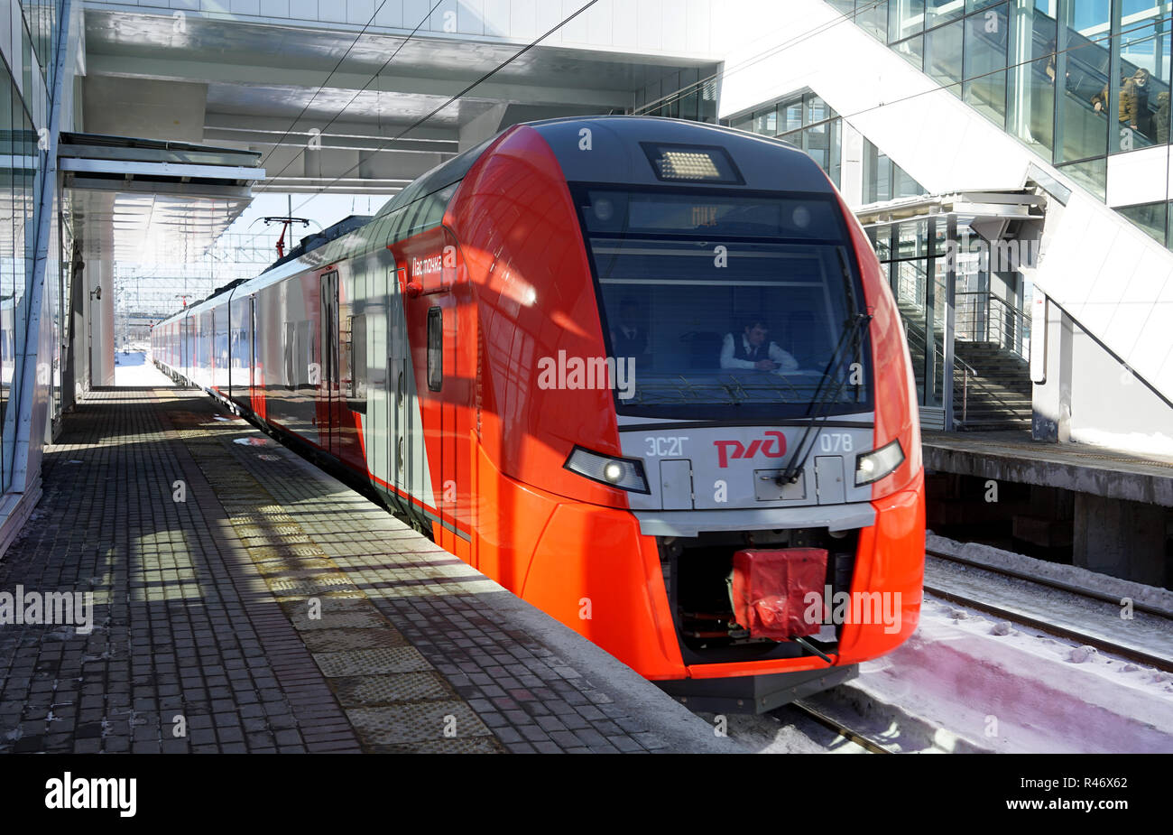 24 March 2018 Moscow, Russia The Lastochka train from perón's platform ...