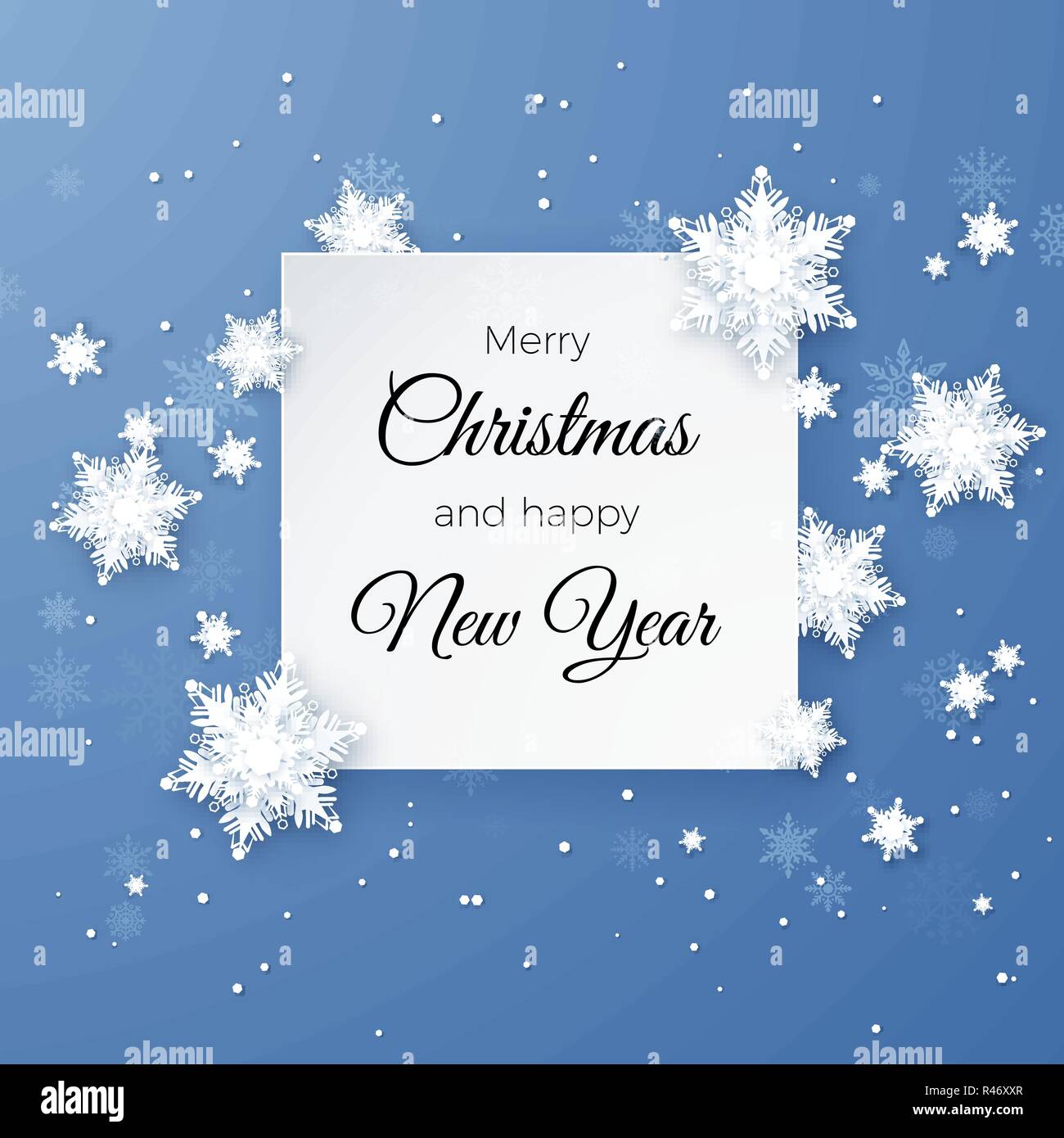 Merry Christmas Greetings card on blue background. Paper cut snow flake ...